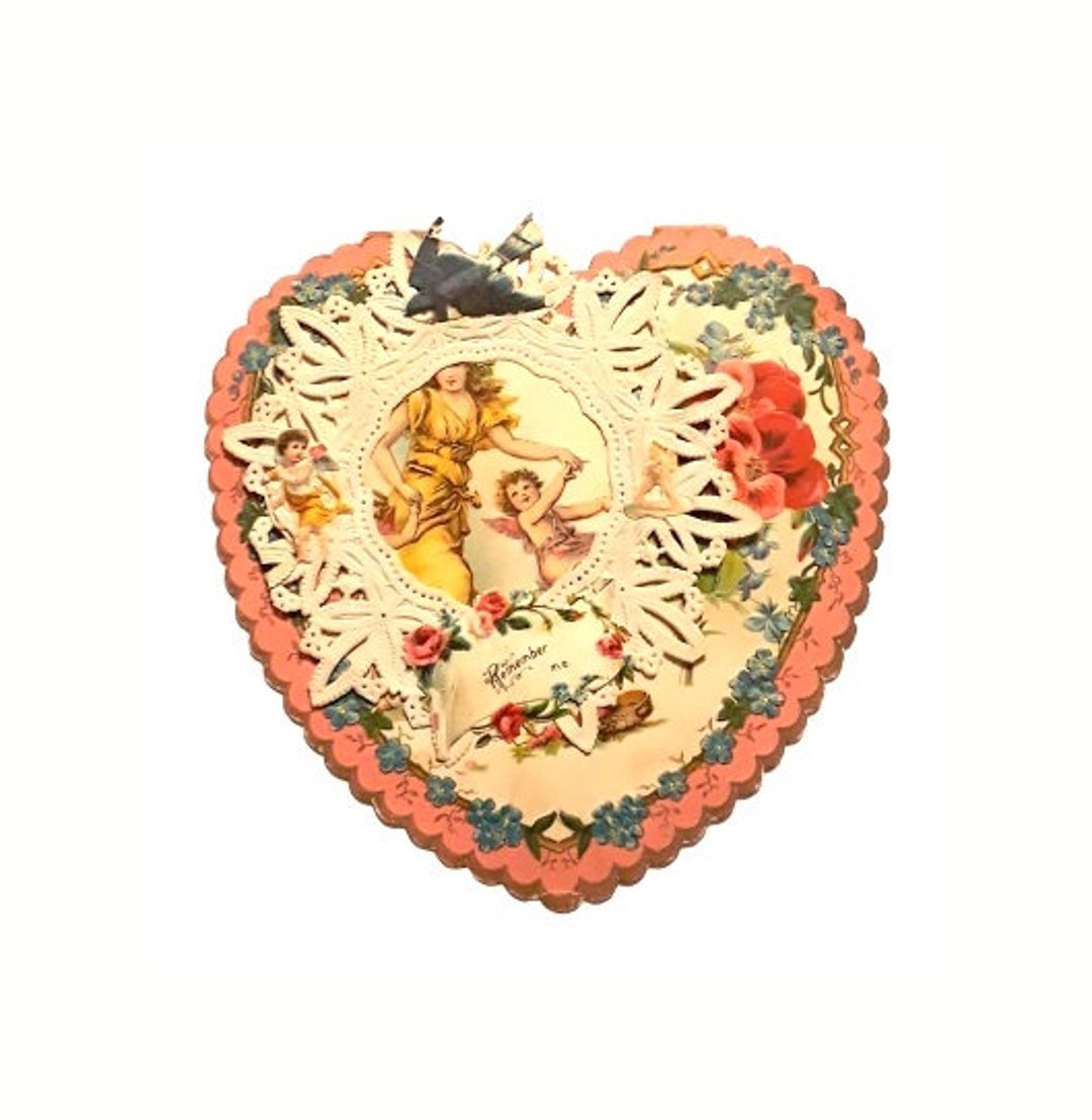 Antique Victorian Valentine Card Heart Shape Scrap Die Cuts Romantic ...
