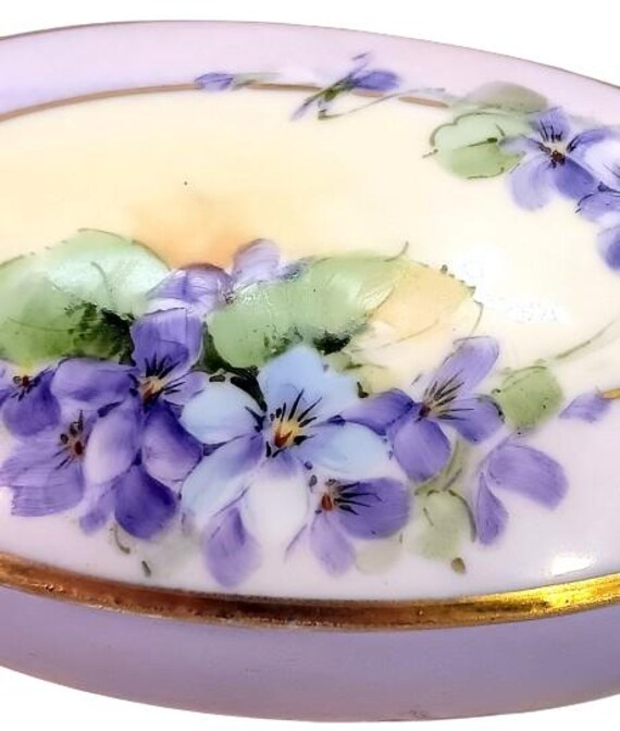 Antique Trinket Box Hand Painted Violets Victorian Ha… - Gem