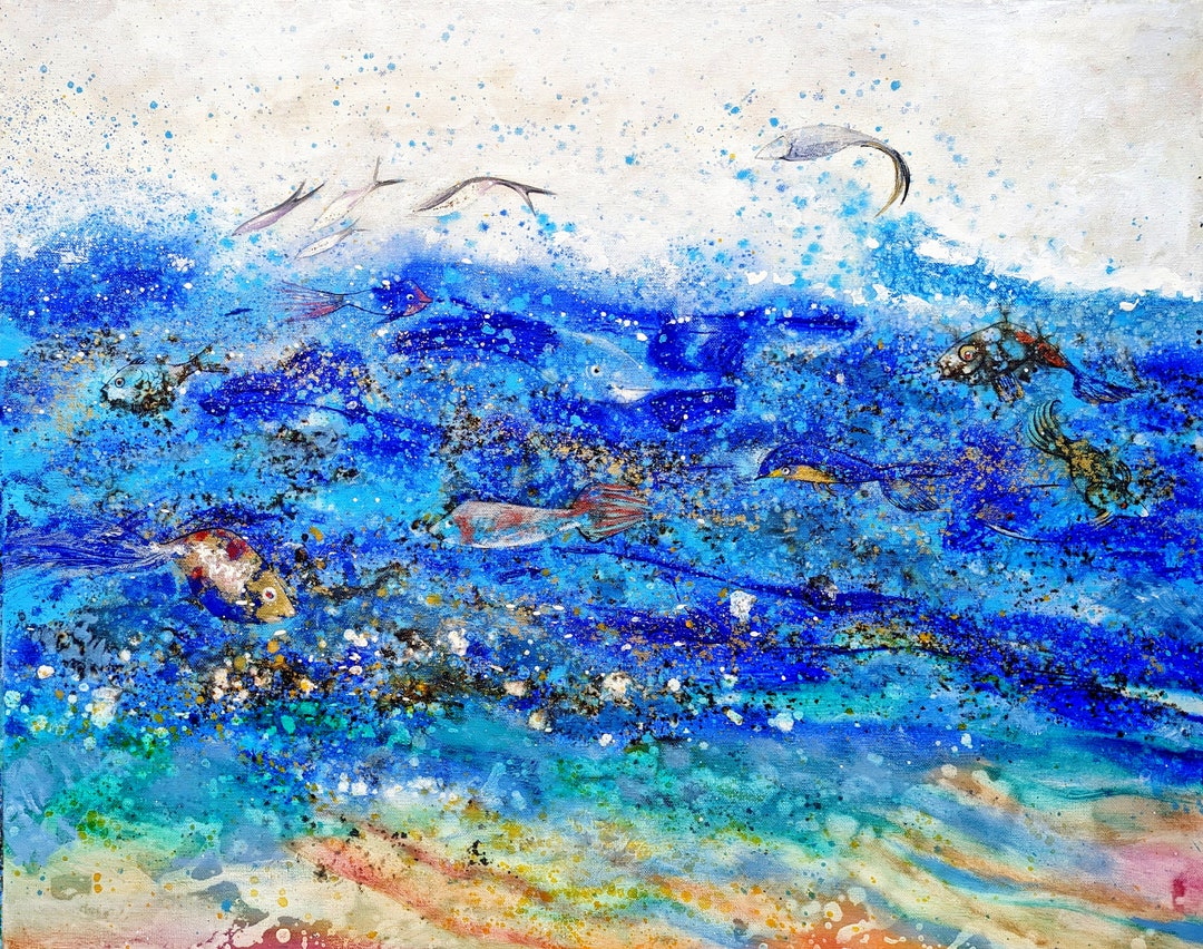 Flying Fish Painting, Original Abstract Seascape, Underwater Wall Art ...