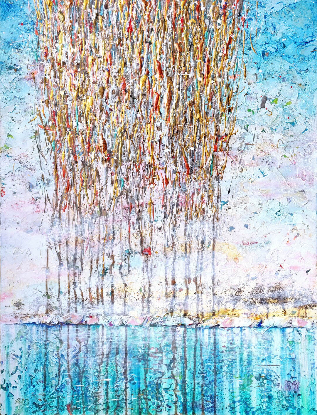 Waterside Painting 32" Original Oil Landscape on Canvas Deep Effect ...