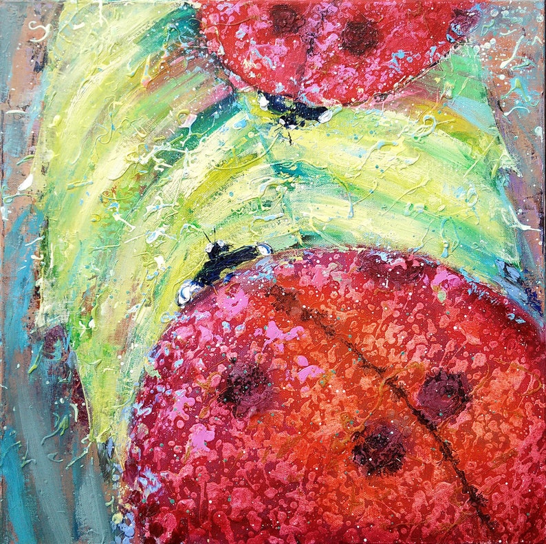 Insect Painting / Red Ladybug / Green Leaves / Original Art / Macro ...