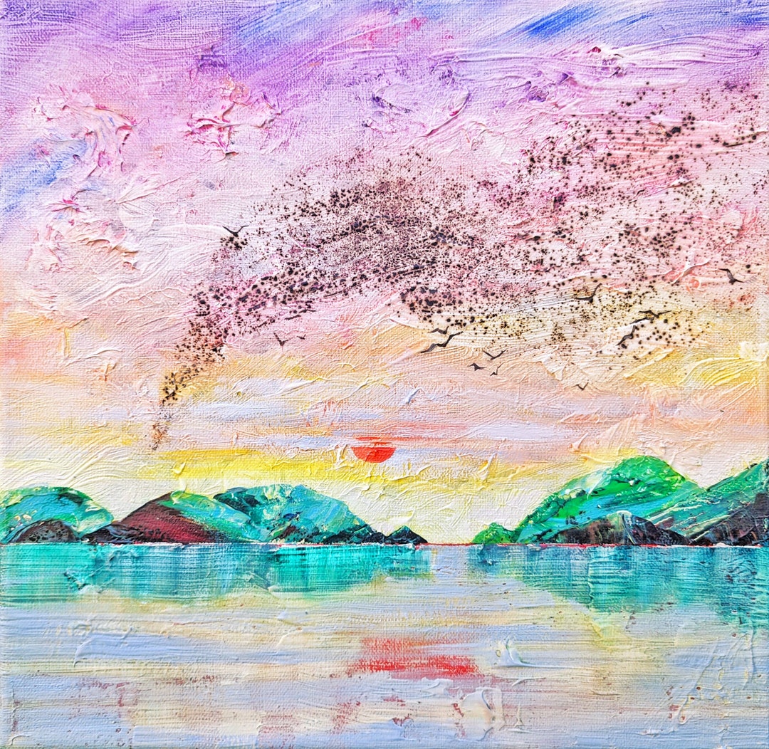 Lake Sunset Oil Art / Sky Murmuration Painting / Birds Flocking / Green ...