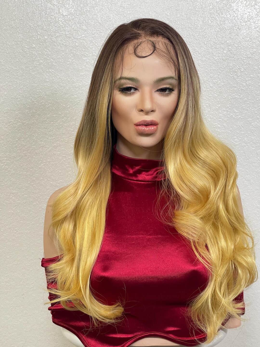 24 Golden Blonde Brown Ombré Roots Human Hair Blend Wig Blonde Long ...