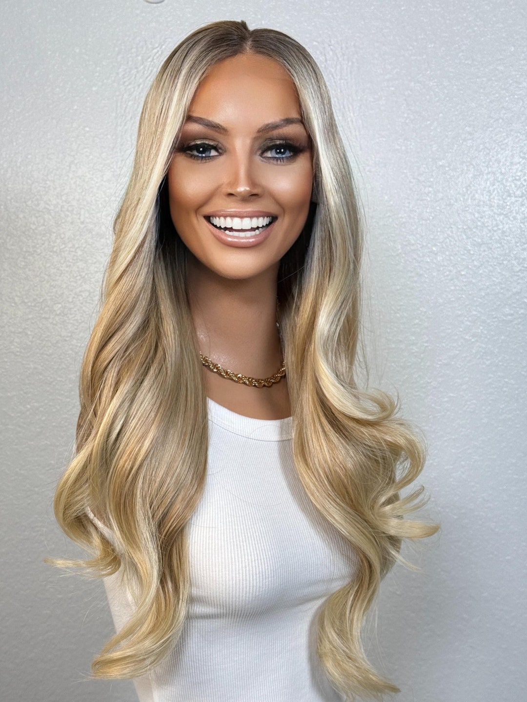 Baby Blonde Balayage Rooty Wavy Wig Classic Long Hairstyle Human Hair ...