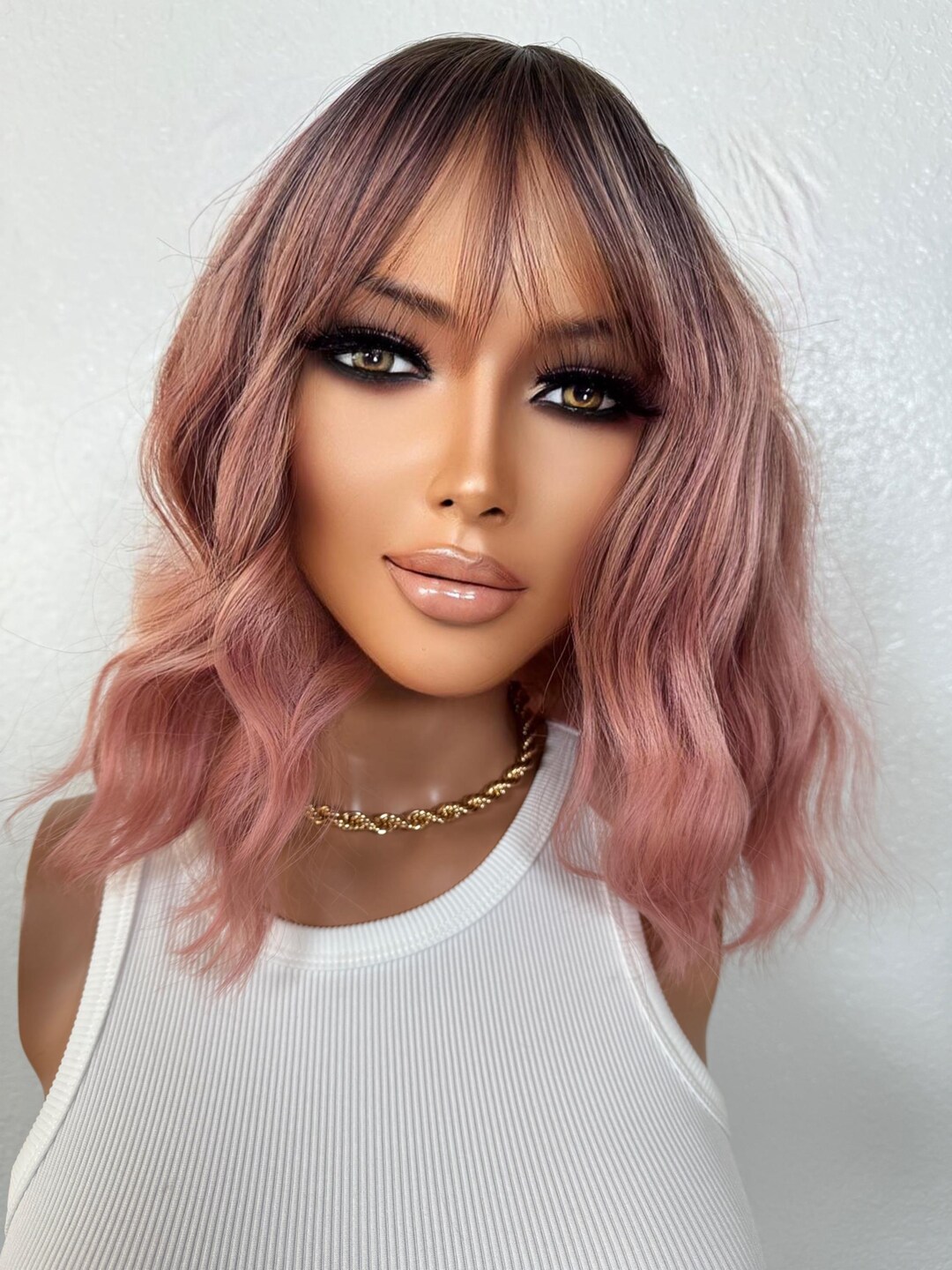 Short Pink Ombré Rooty Wavy Bob Hair Wig Choppy Fringe Bangs, Full ...