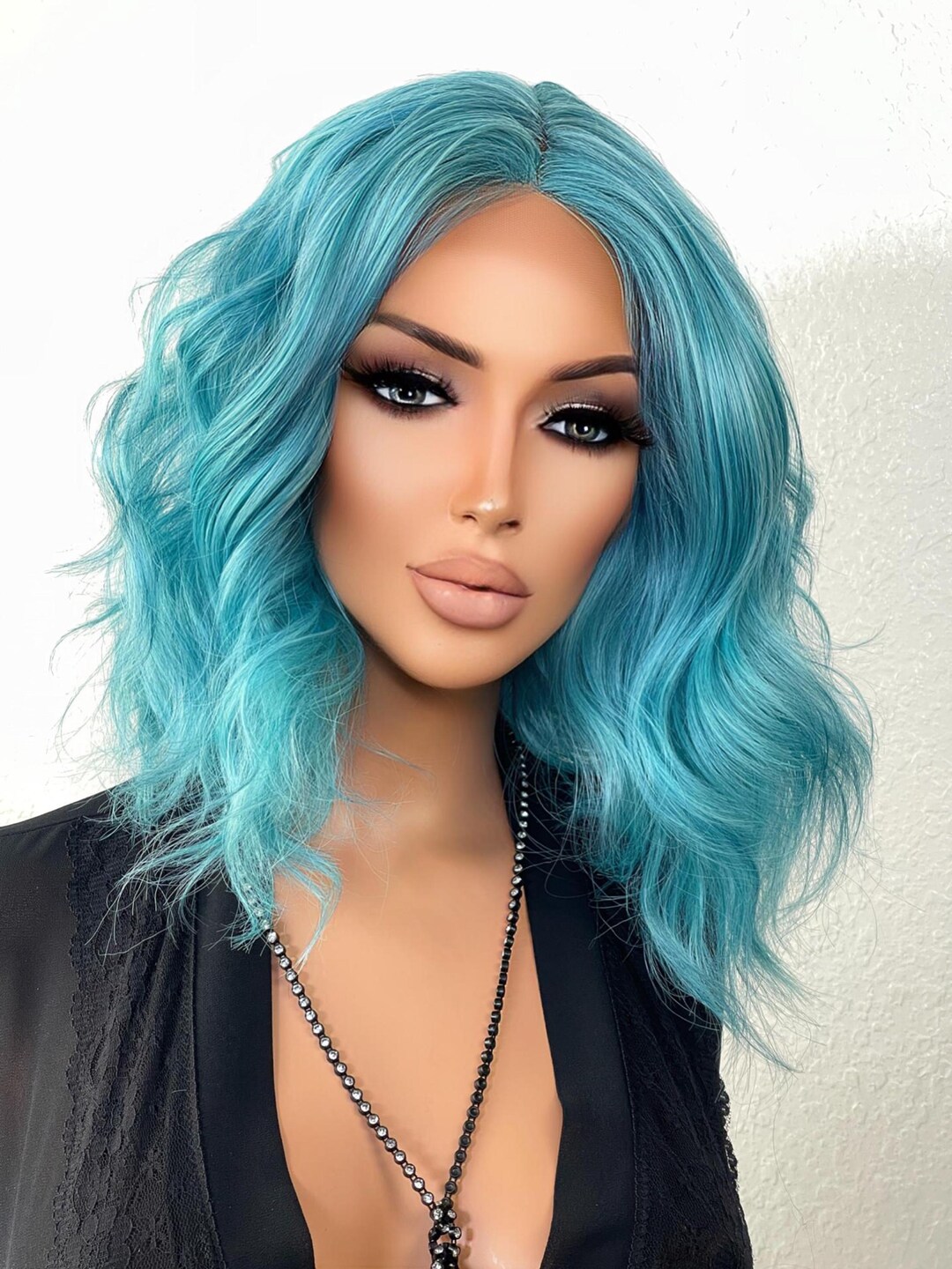 Cyan Blue Wavy Middle Part Preplucked Glueless Lace Front Heat Friendly ...