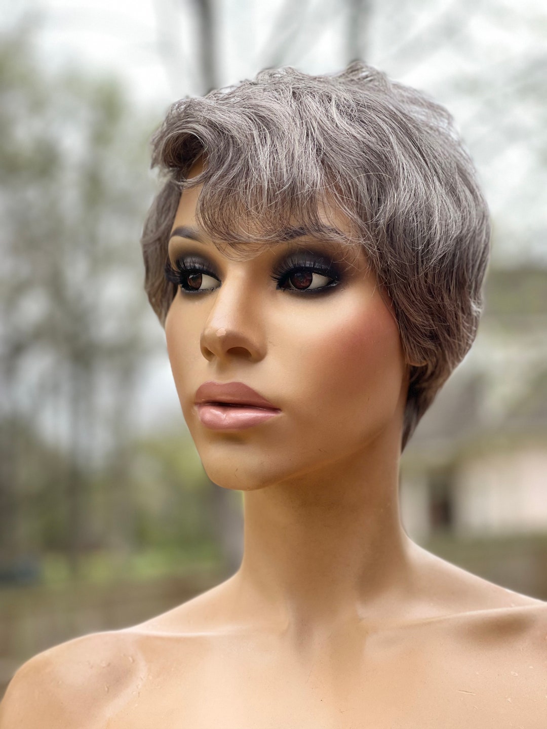 Human Hair Blend Wig Short Gray Pixie Wig Silver Gray White - Etsy
