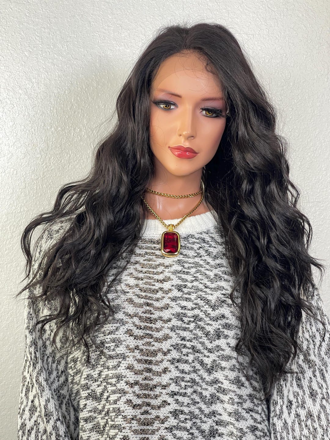 Black Wig 22 Inch Human Hair Blend Lace Front Wig 13 X 6 Wide Part ...