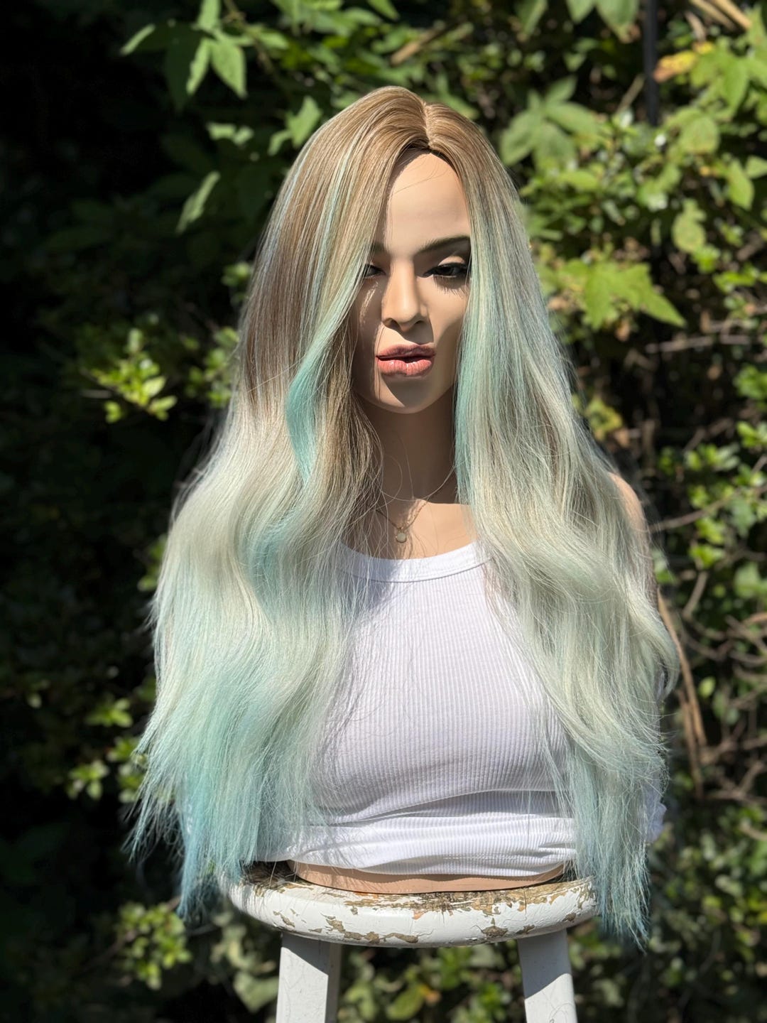 Blue Turquoise Wig Wavy Human Hair Blend Blonde Ombre 20 Inch - Etsy