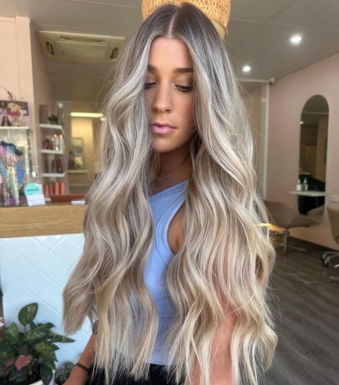 Ash Blonde Root Melting Human Hair Long Loose Wavy 28 Lace Front Wig - Etsy