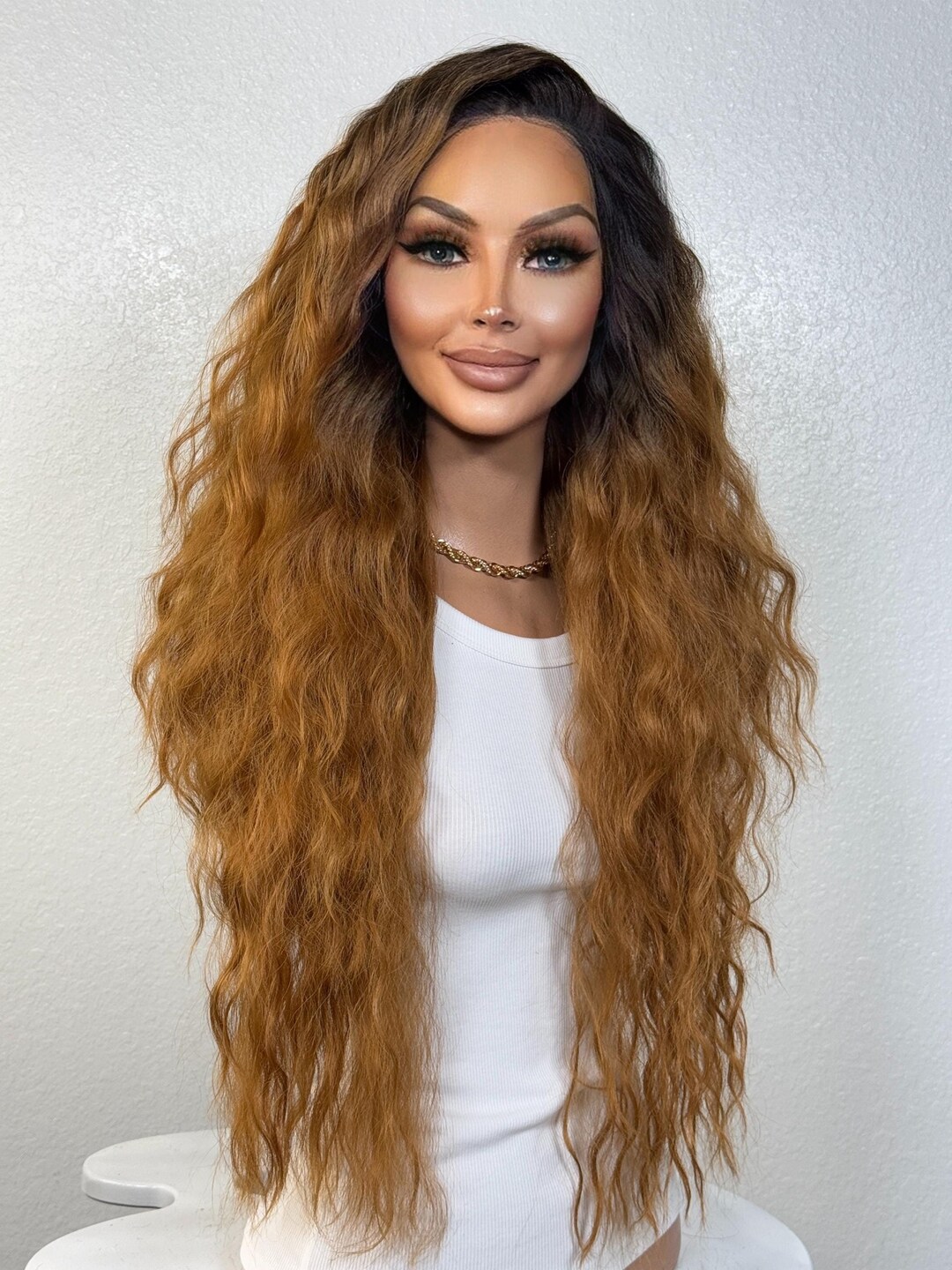 Golden Honey Ginger Blonde Rooty Ombré Thick Voluminous Wavy Hair Wig ...