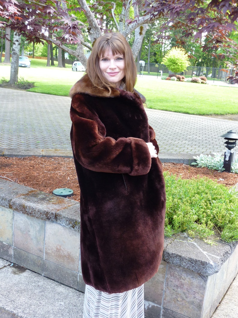 Sumptuous Luxurious Mahogany Brown Mouton Lamb Genuine Fur Coat Small ...