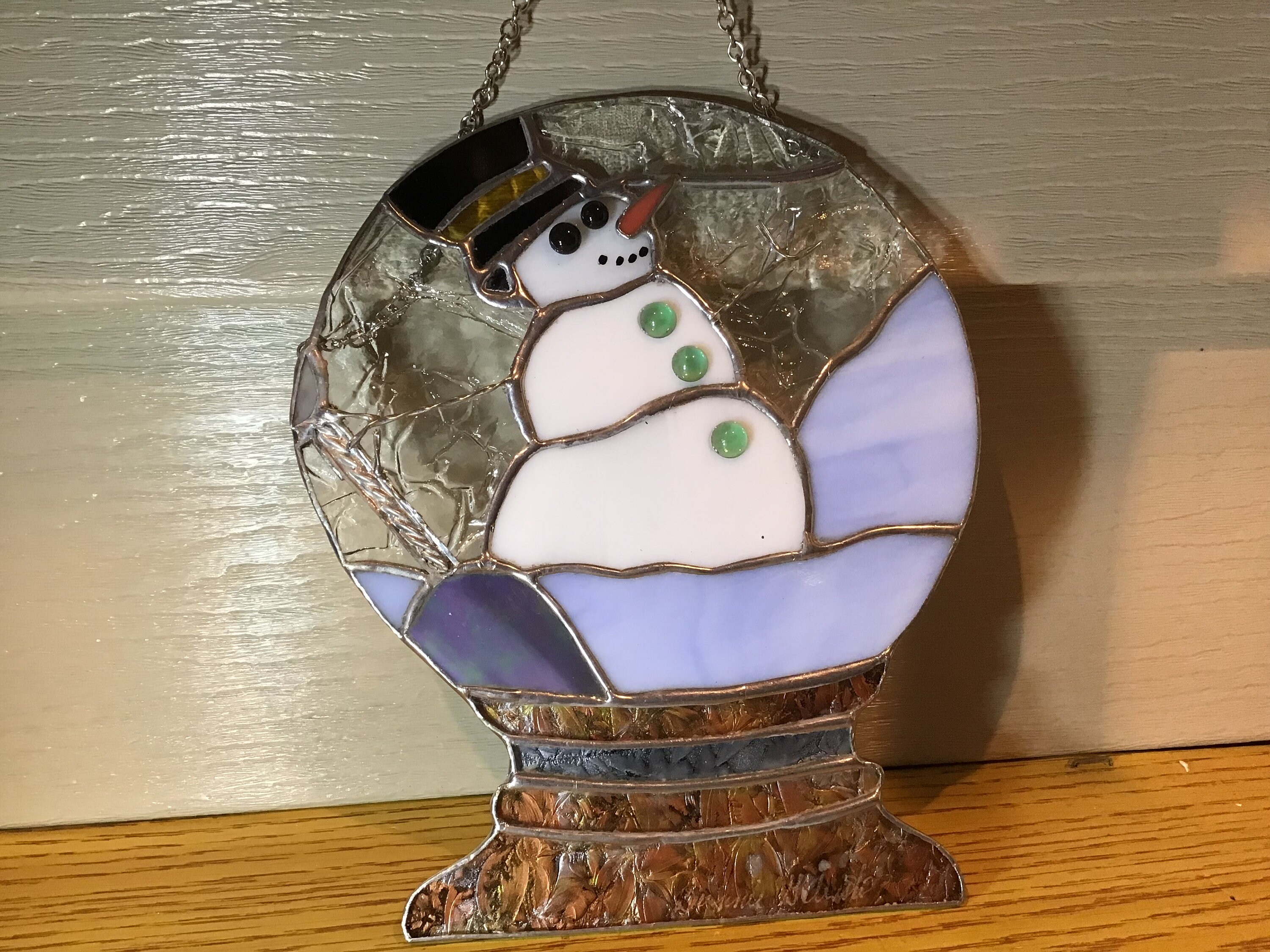 Snow globe with snowman handcrafted stained glass suncatcher. | Etsy