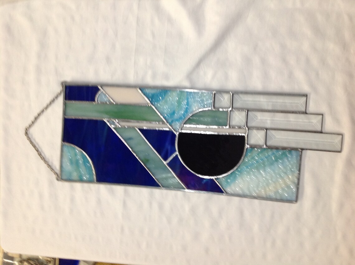 Abstract Handcrafted Stained Glass Panel in Blues and Greens. - Etsy