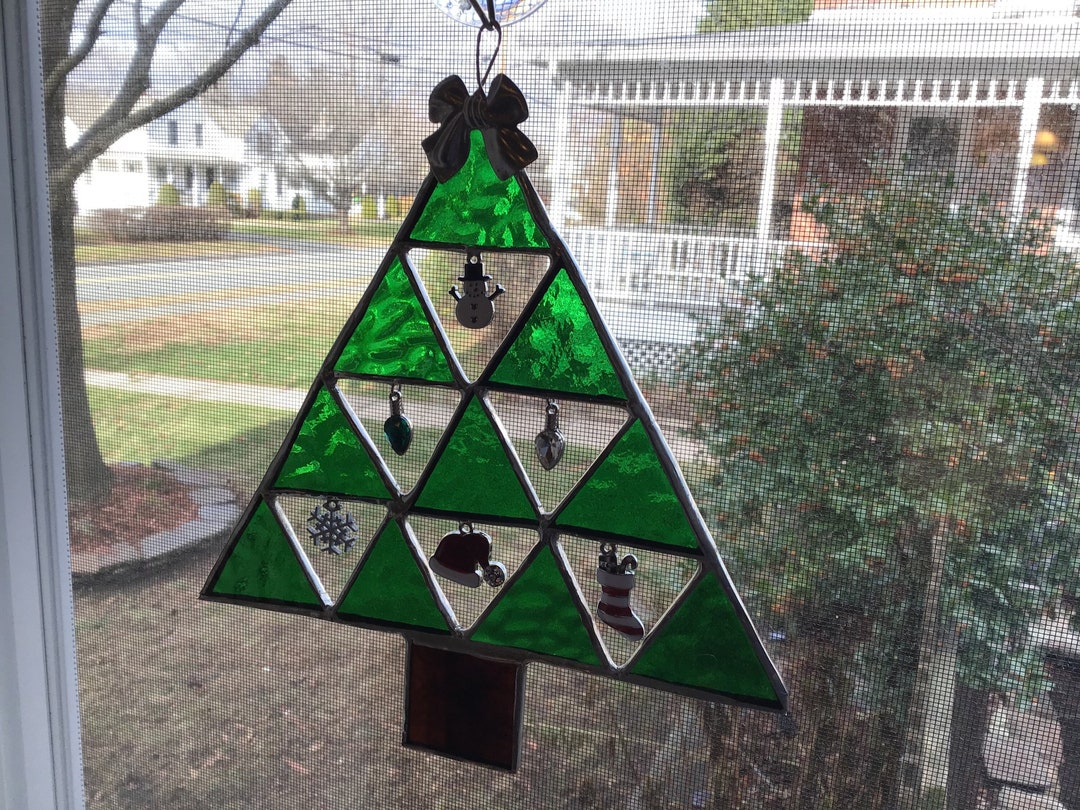 Triangle Christmas Tree With Metal Ornaments, Handcrafted Stained Glass ...
