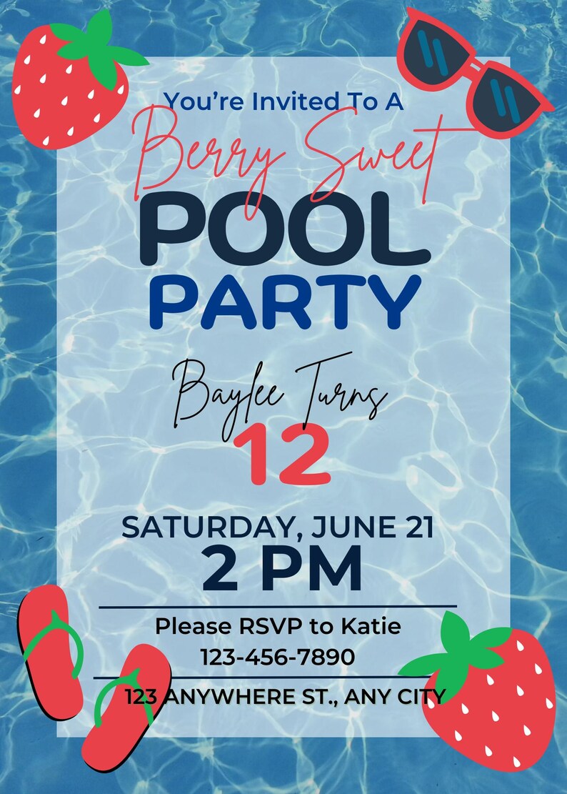 Berry Sweet Pool Party Invitation | Editable Summer Birthday Invite ...
