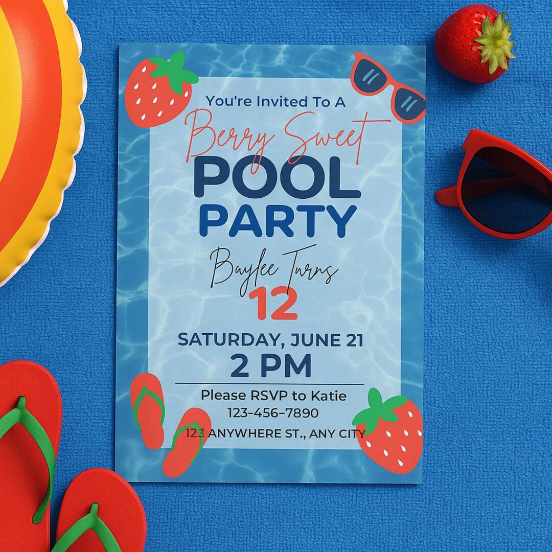Berry Sweet Pool Party Invitation | Editable Summer Birthday Invite ...