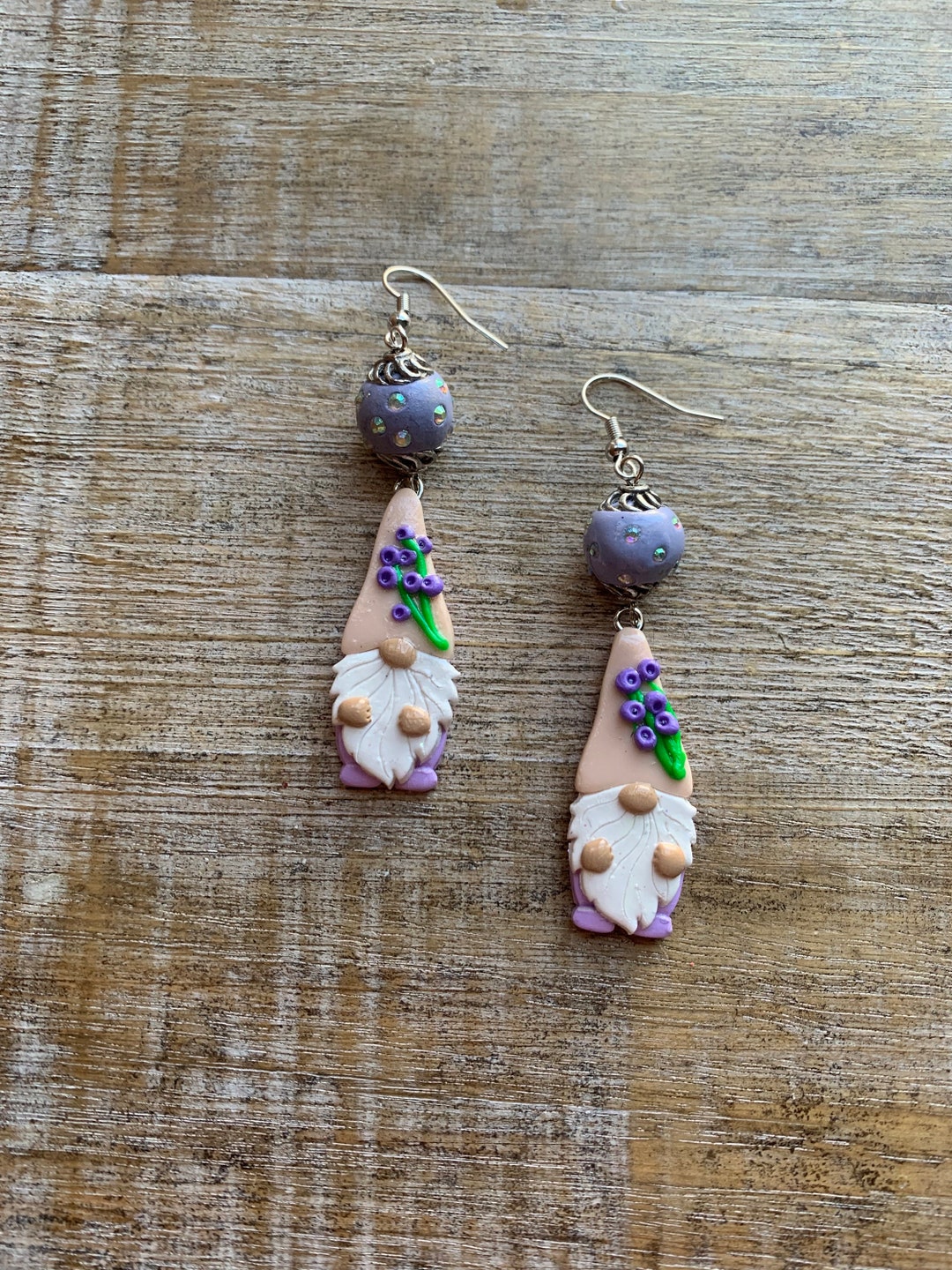Gnome Floral Earrings Clay Gnome Ear Weights Purple Pastel Ear Hangers ...
