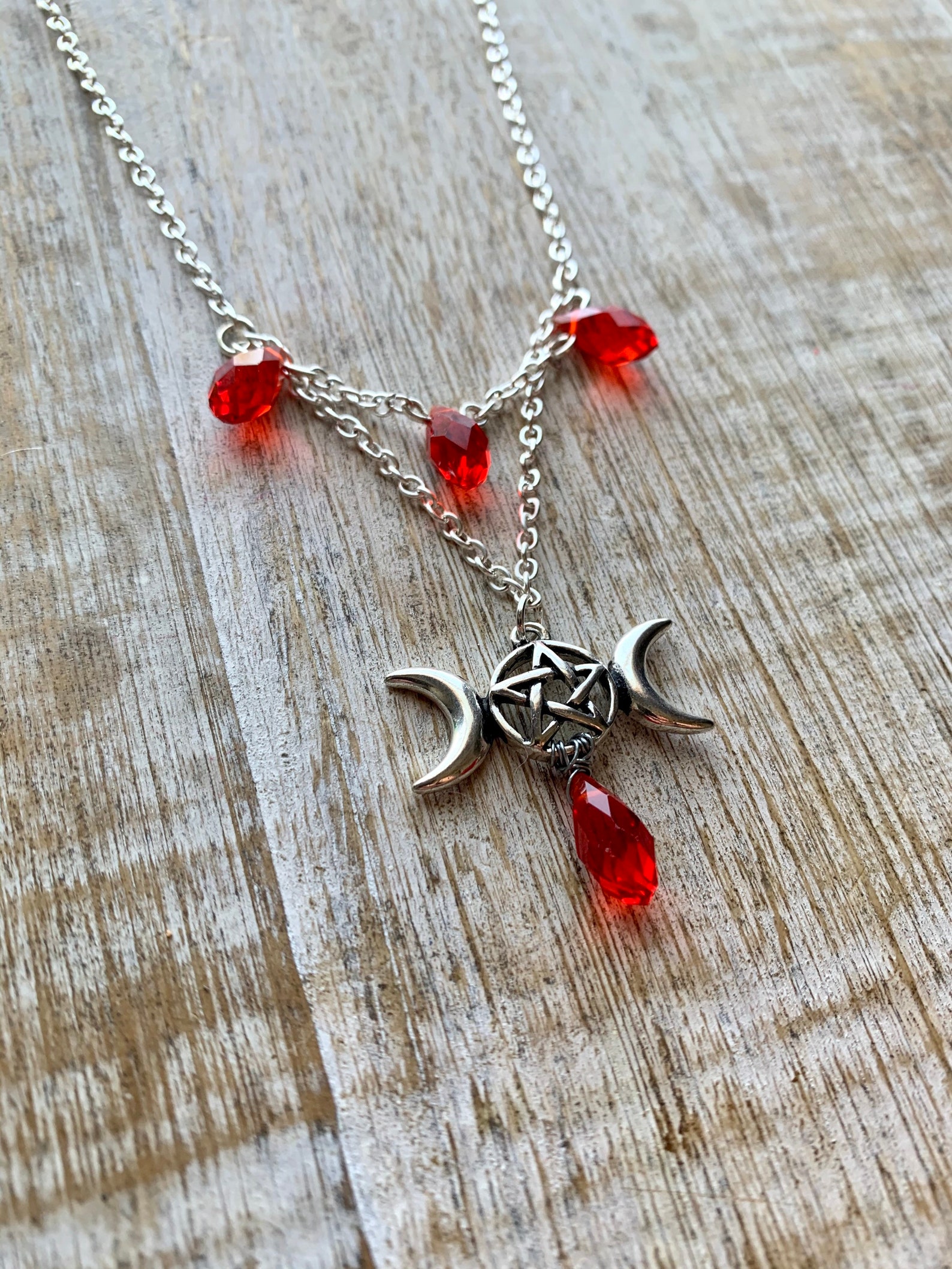 Triple Moon Red Crystal Pentagram Moon Charm Necklace Wicca - Etsy