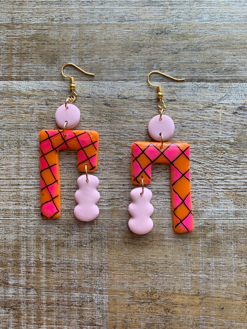 Checkerboard Clay Earrings Clay Neon Earrings Boho Earrings - Etsy