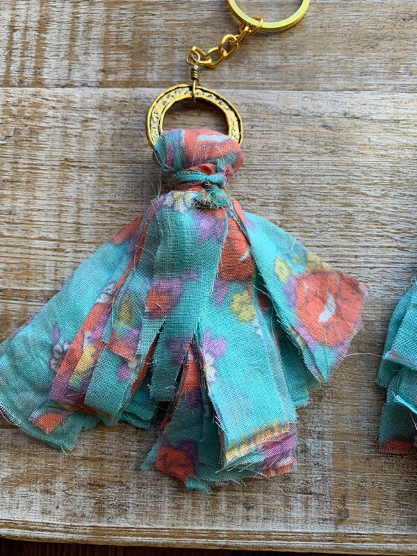 Upcycled Keychain Recycled Keychains Blue Cotton Keychain Large ...