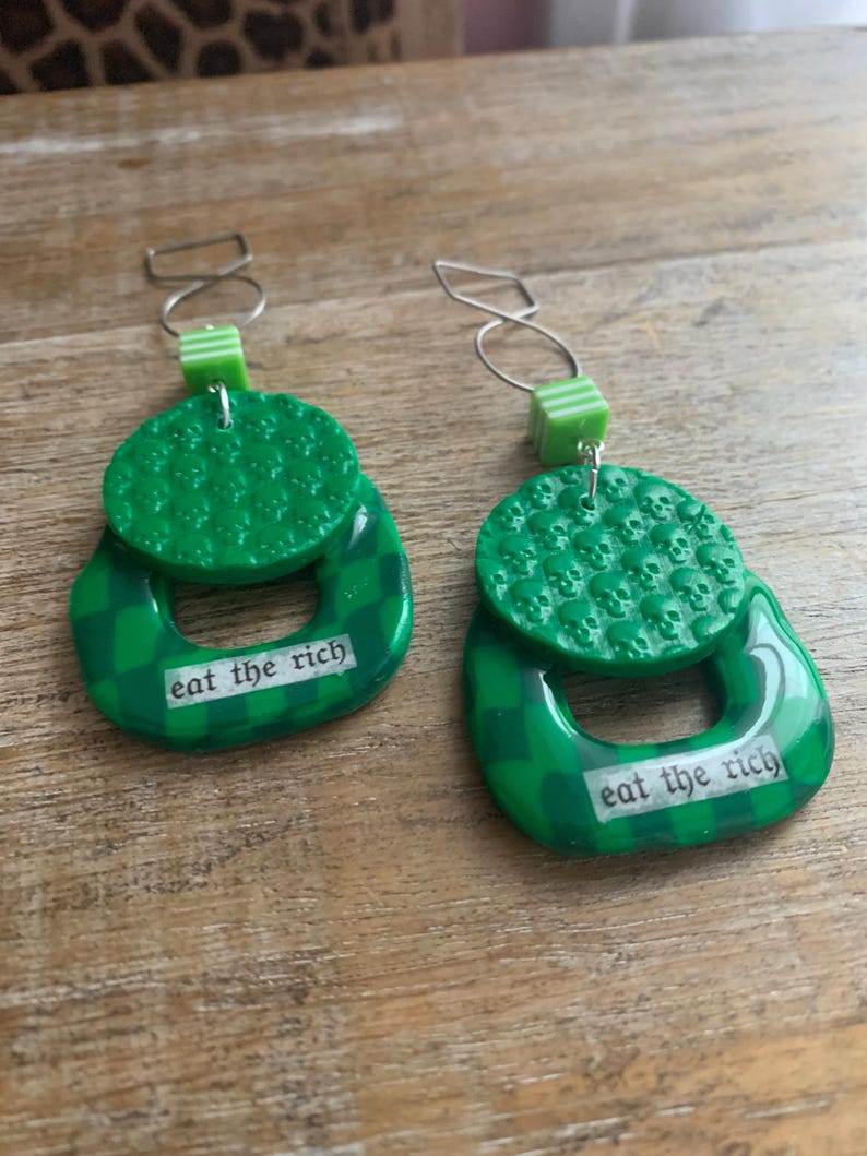 Checkerboard Eat the Rich Tunnel Gauge Earrings Clay Skater Boho Art ...