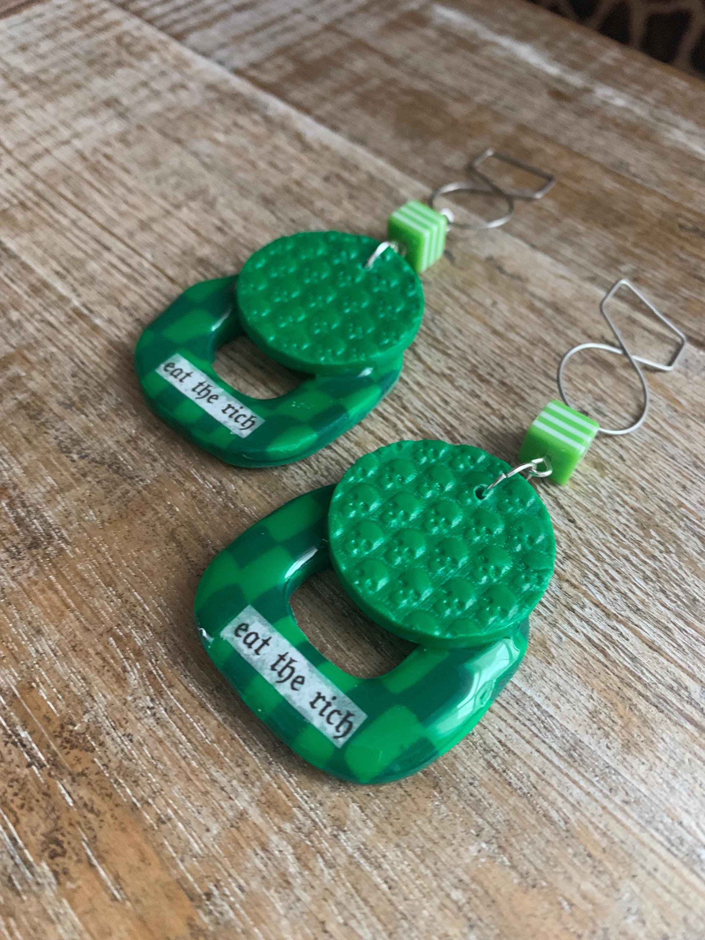 Checkerboard Eat the Rich Tunnel Gauge Earrings Clay Skater Boho Art ...