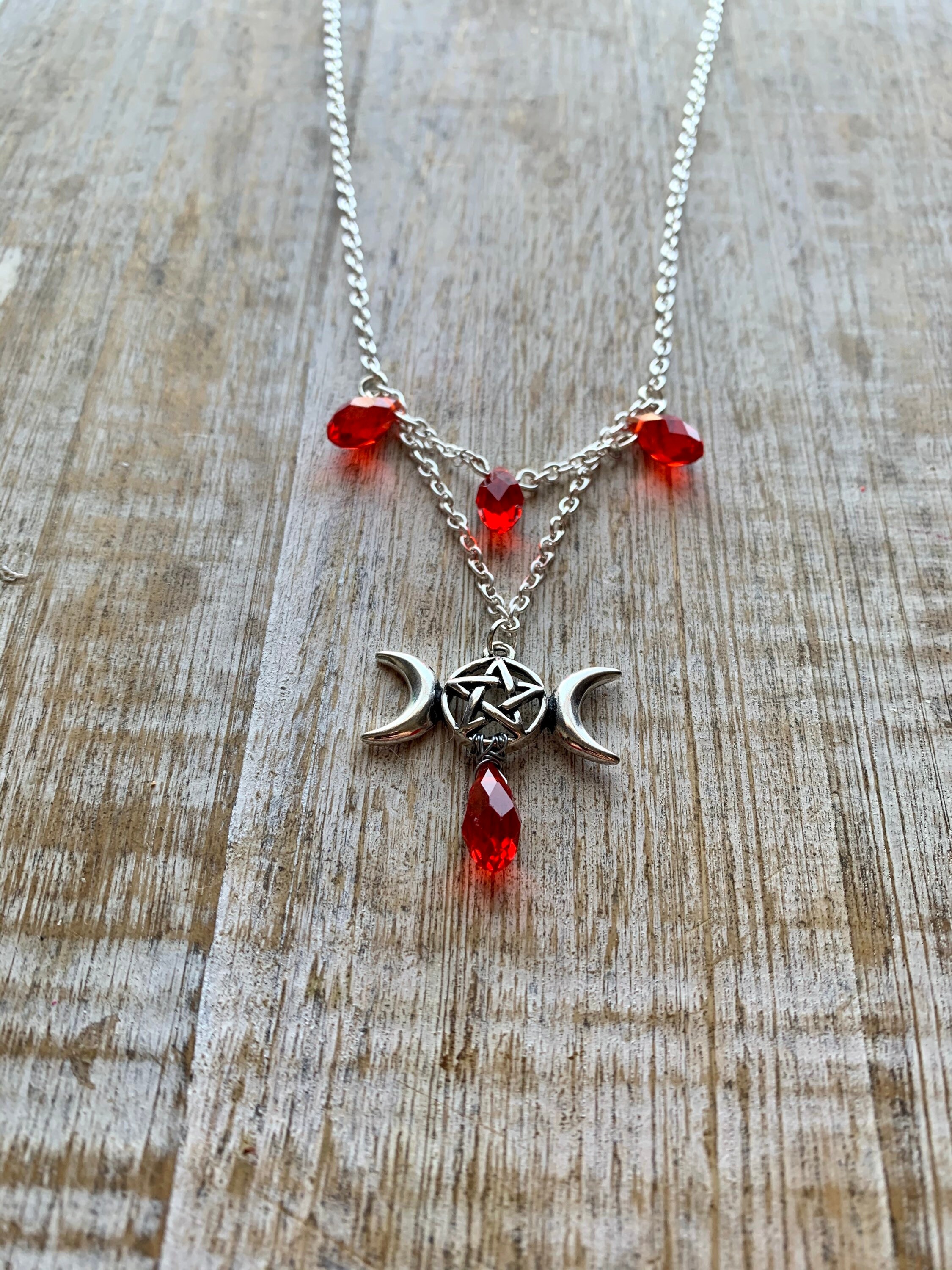 Triple Moon Red Crystal Pentagram Moon Charm Necklace Wicca Necklace ...