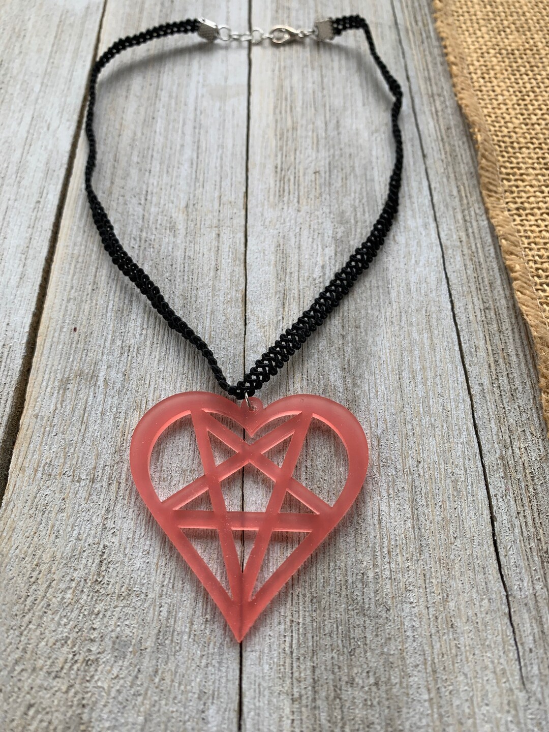 Gothic Pentagram Choker Pink Heart Acrylic Witchy Lace Choker Necklace ...