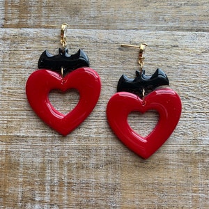 Gothic Heart Bat Earrings Gothic Valentines Style Earrings Red Art Deco ...