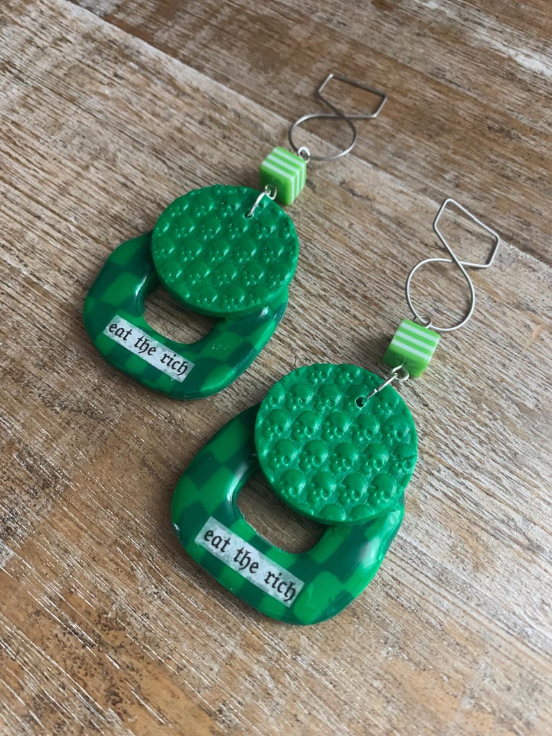 Checkerboard Eat the Rich Tunnel Gauge Earrings Clay Skater Boho Art ...