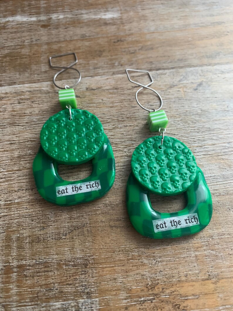 Checkerboard Eat the Rich Tunnel Gauge Earrings Clay Skater Boho Art ...