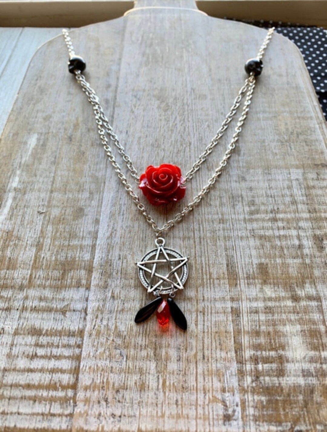 Satanic Pentagram Red Black Crystal Acrylic Bead Necklace Skull Red ...