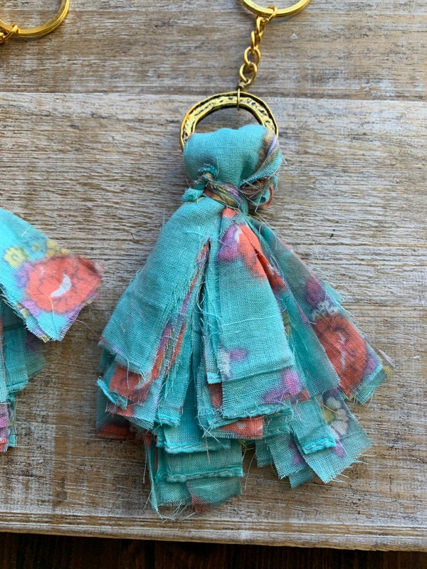 Upcycled Keychain Recycled Keychains Blue Cotton Keychain Large ...