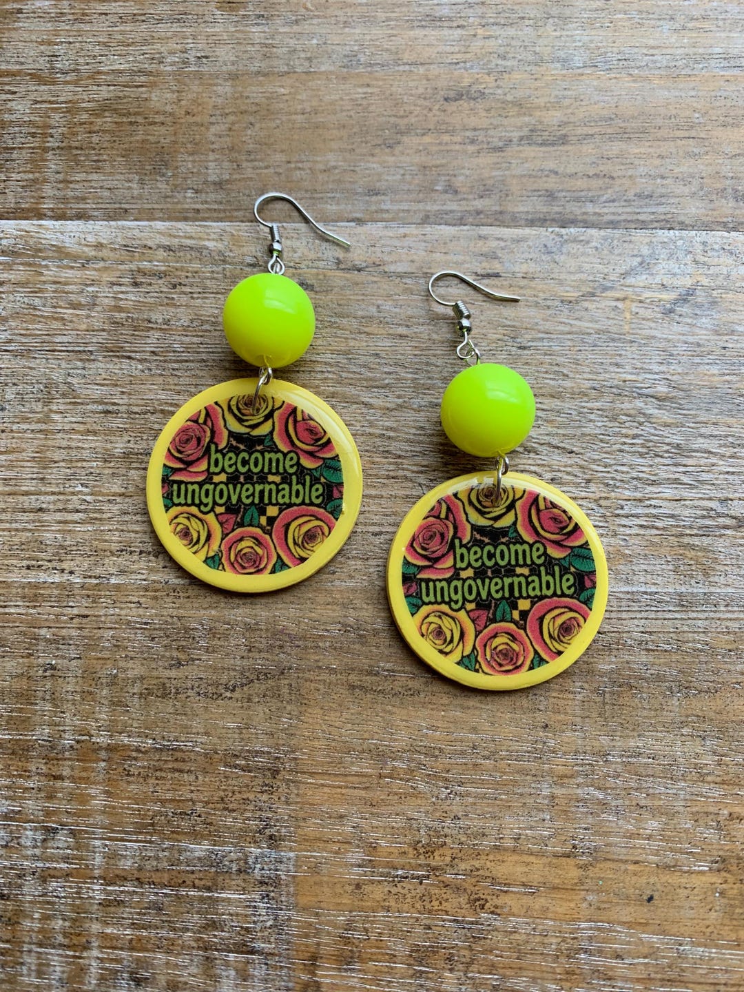 Become Ungovernable Neon Yellow Earrings Art Deco Yellow Liberal Ear ...