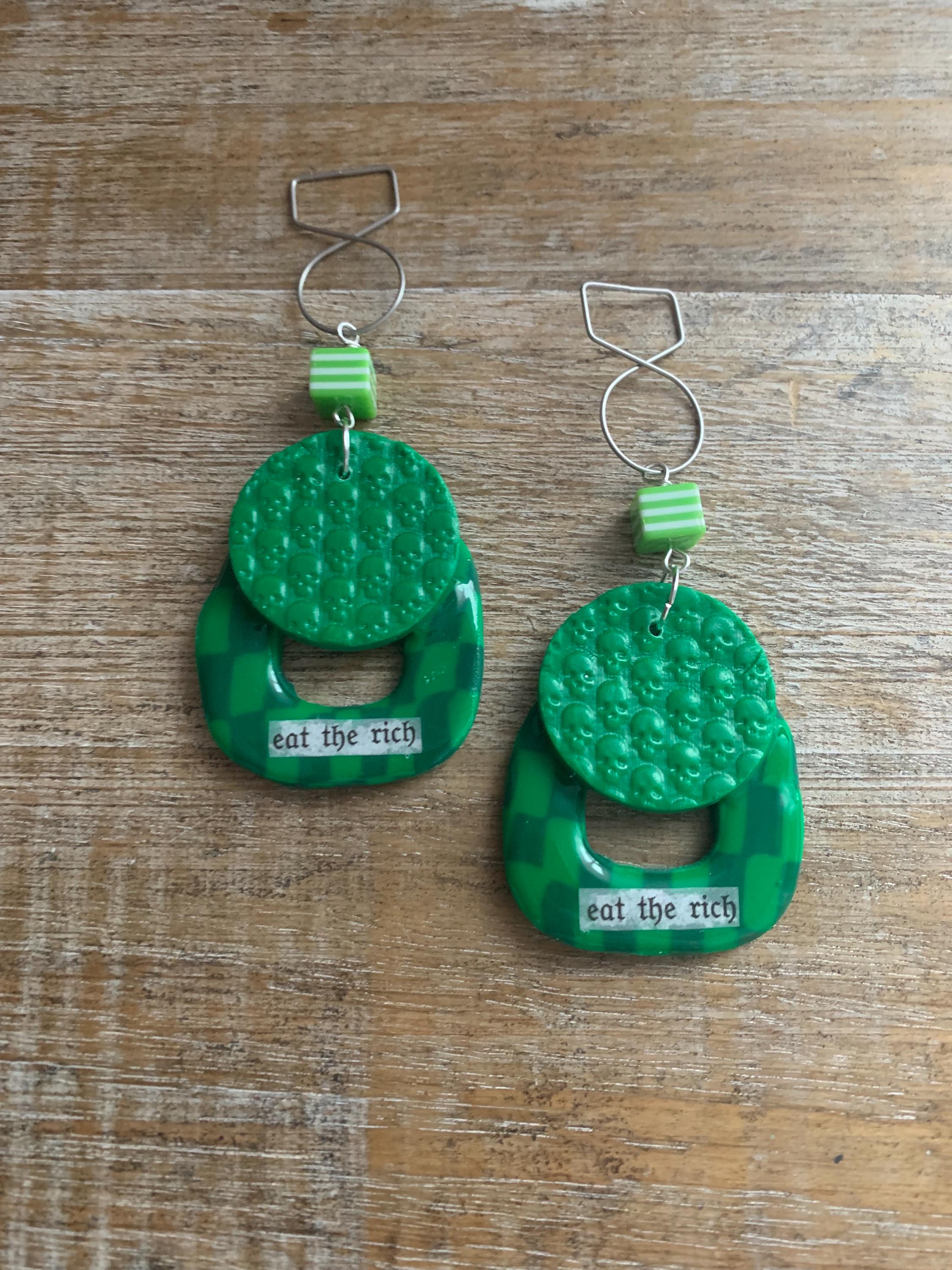 Checkerboard Eat the Rich Tunnel Gauge Earrings Clay Skater Boho Art ...
