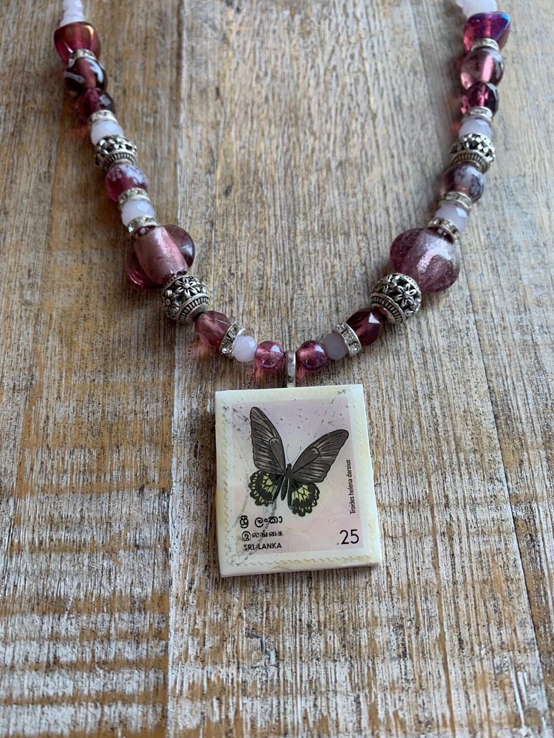 Purple Sri Lanka Postage Stamp Butterfly Upcycled Necklace Stamp ...