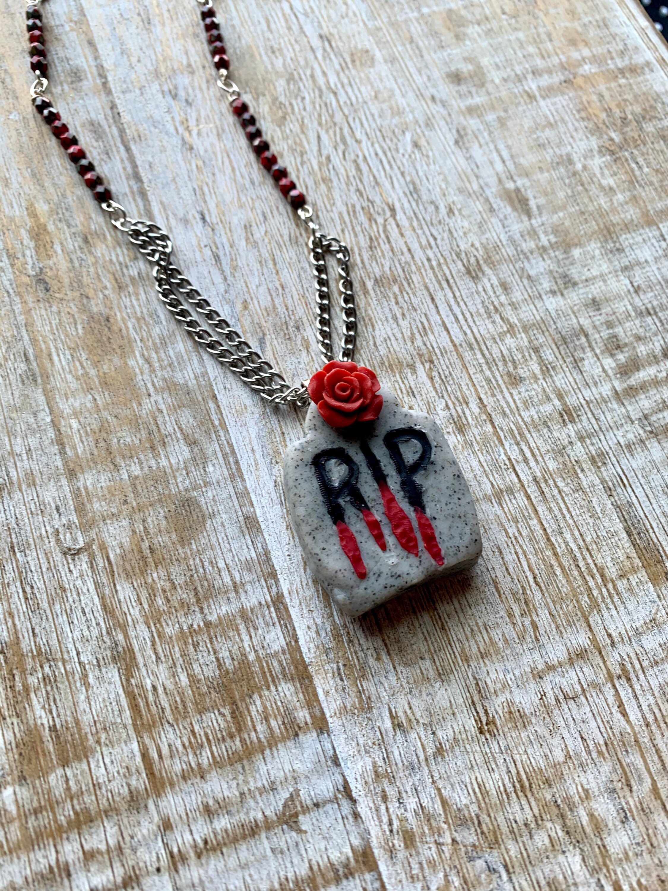 Gothic Macabre Tombstone RIP Rose Necklace Clay Horror Fan | Etsy