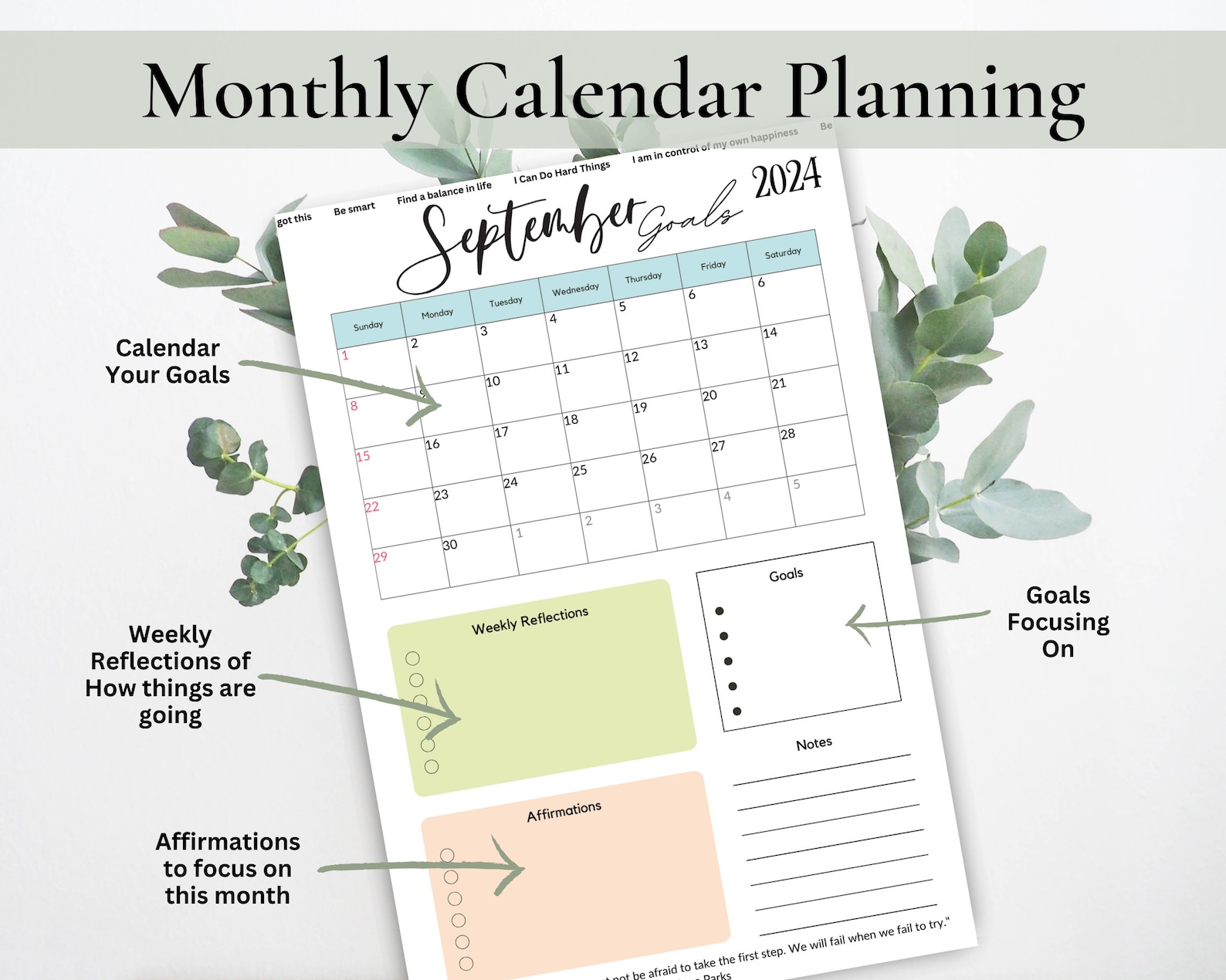 Dated 2024 Monthly Calendar Goal Setting Printable, Minimalist Monthly ...