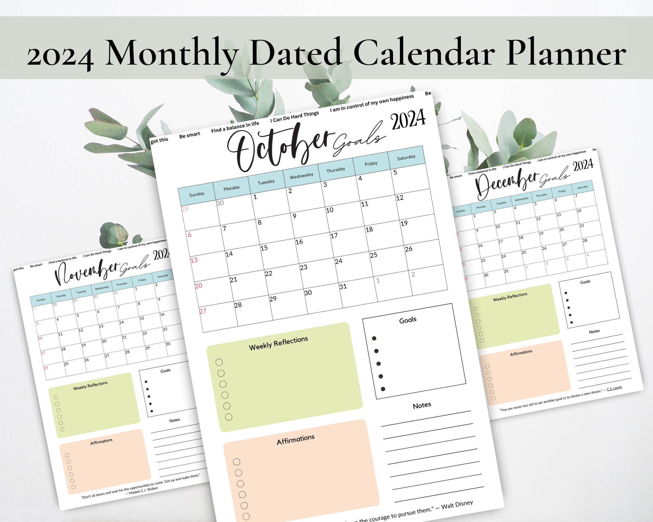 Dated 2024 Monthly Calendar Goal Setting Printable, Minimalist Monthly ...