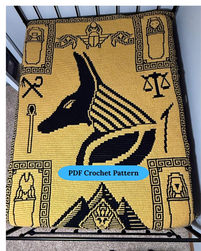 Egyptian God Anubis, Full Queen Size Bedspread, Overlay Mosaic Crochet ...