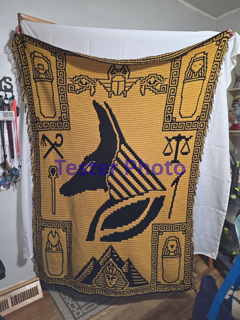 Egyptian God Anubis, Full Queen Size Bedspread, Overlay Mosaic Crochet ...