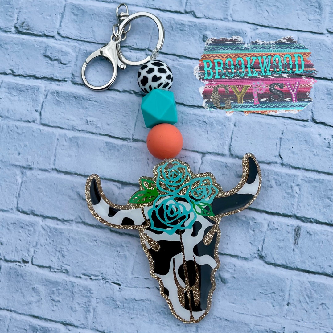 Bullskull Keychain,western Keychain,cow Print Keychain,floral Bullskull ...