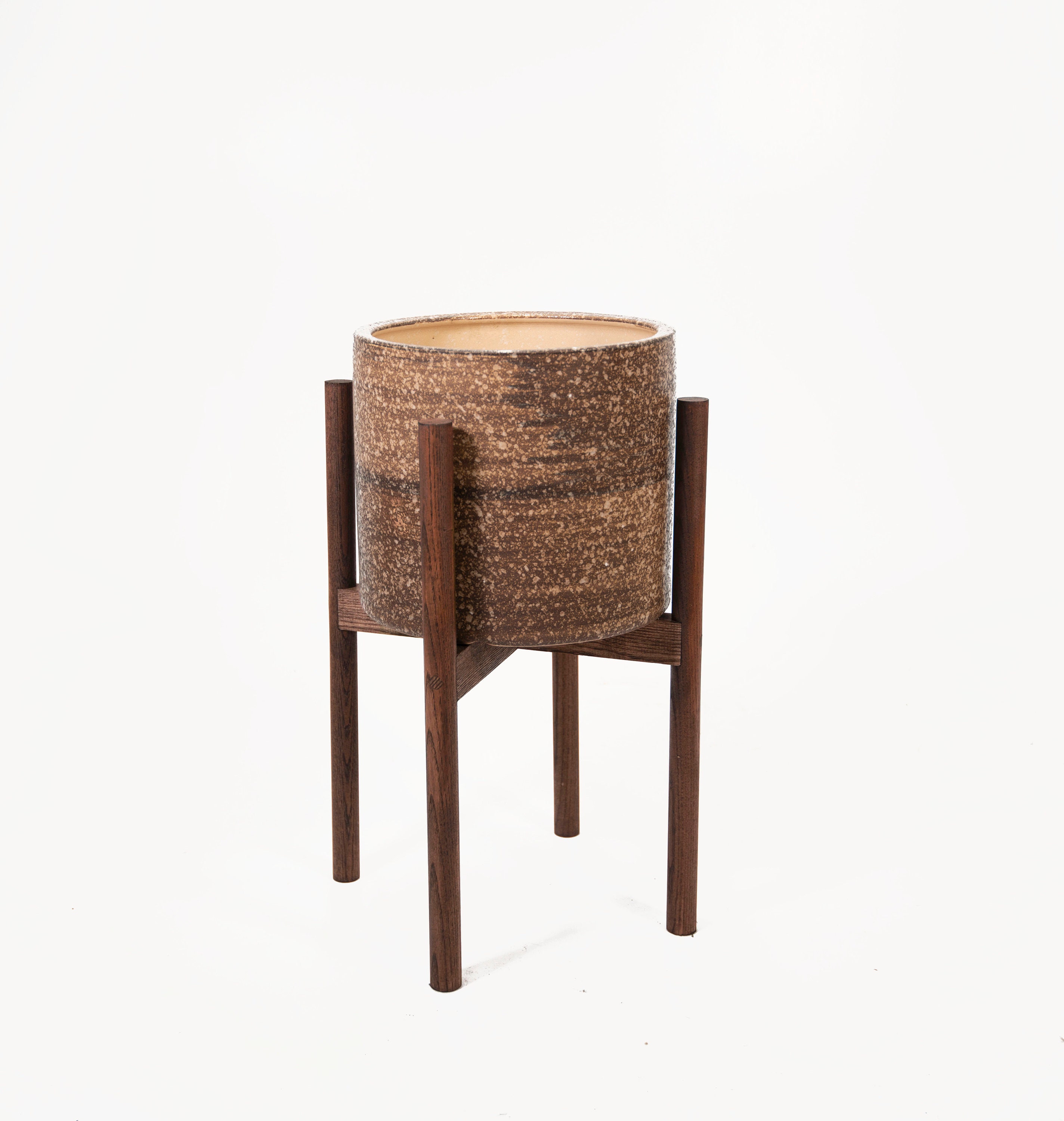 Wood Plant Stand With 10" Ceramic Planter Rustic Brown- Mid Century ...