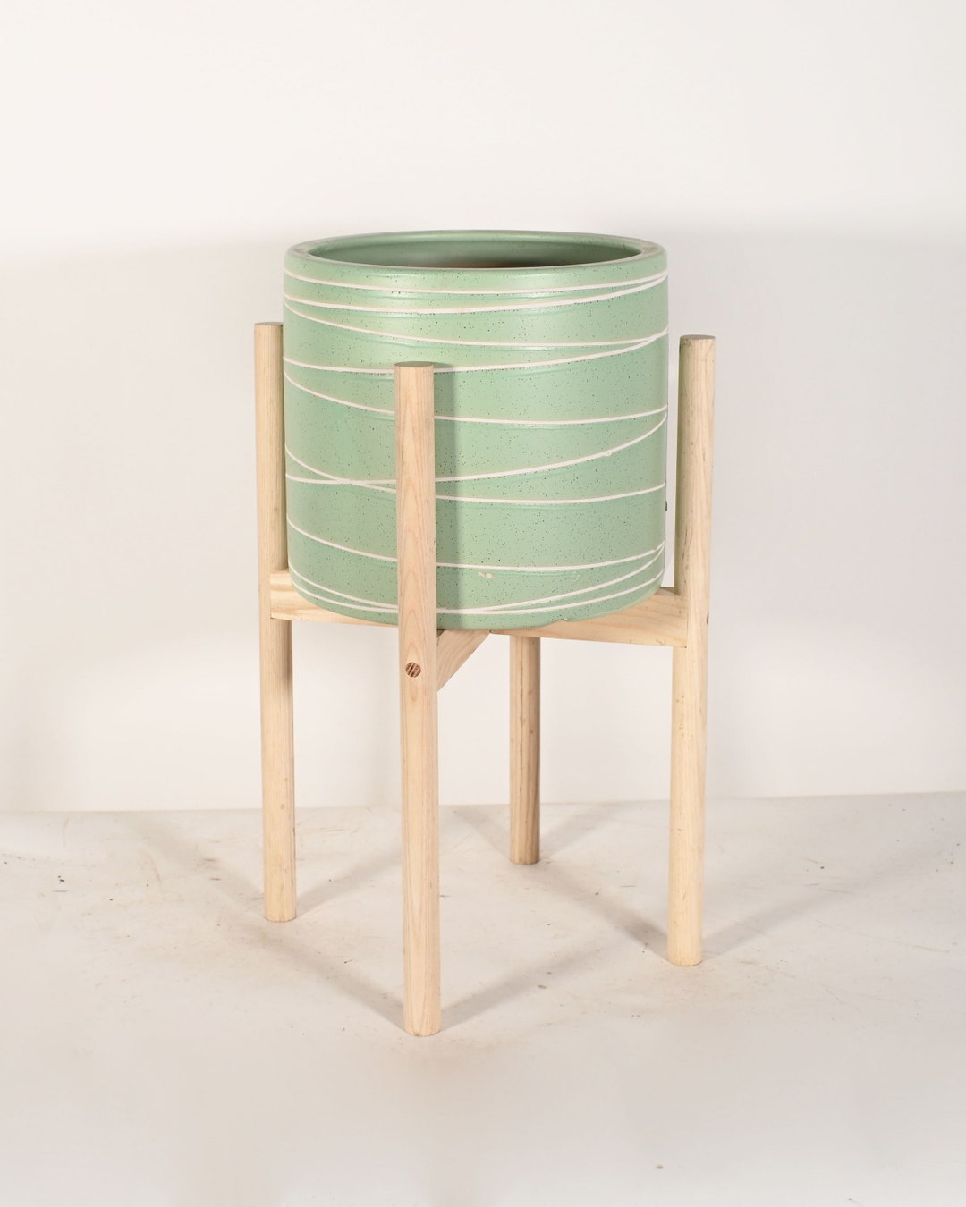 Ceramic Pot With Wood Plant Stand - 10 Inch Indoor Pot - Large Ceramic ...