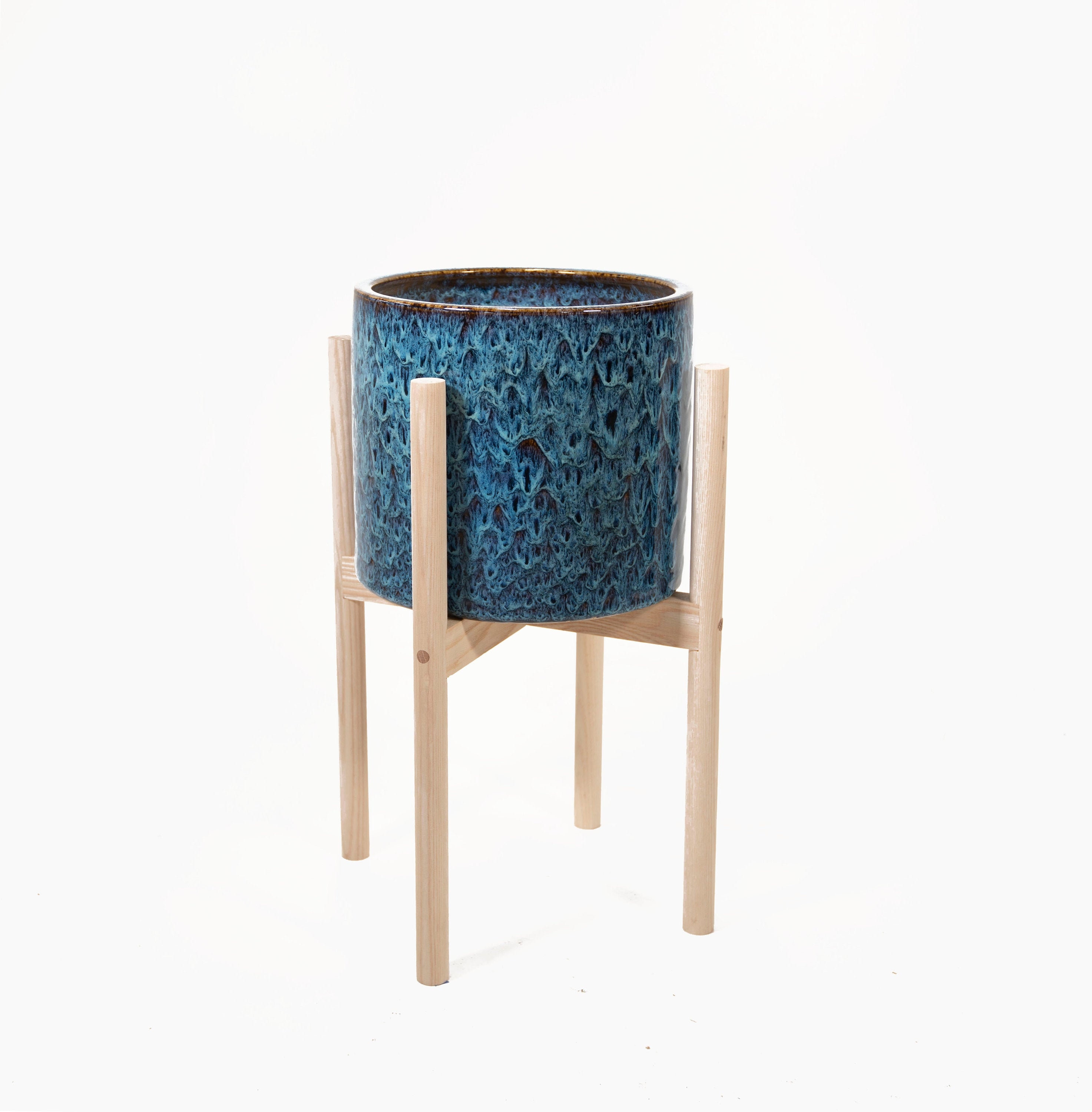 Ceramic Pot With Wood Plant Stand - 10 Inch Indoor Peacock Pot - Large ...