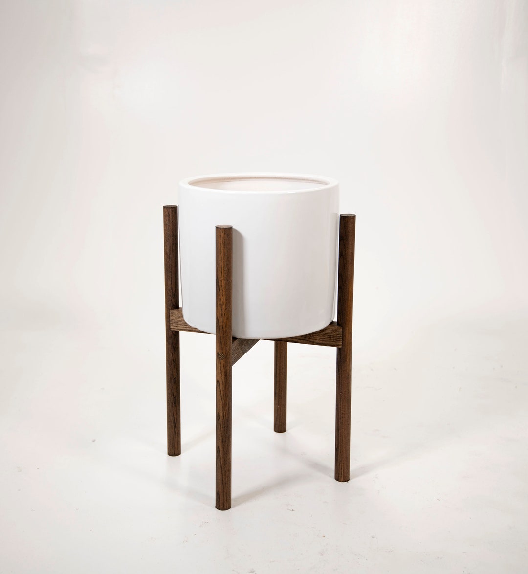 Mid Century Modern - Cylinder Ceramic Pot With Wood Stand - Plant Stand ...