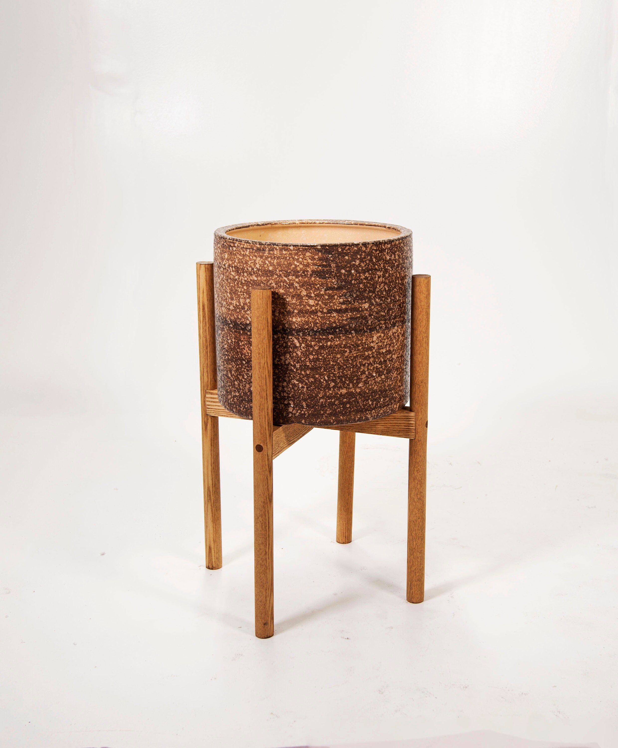 Wood Plant Stand With 10" Ceramic Planter Rustic Brown- Mid Century ...