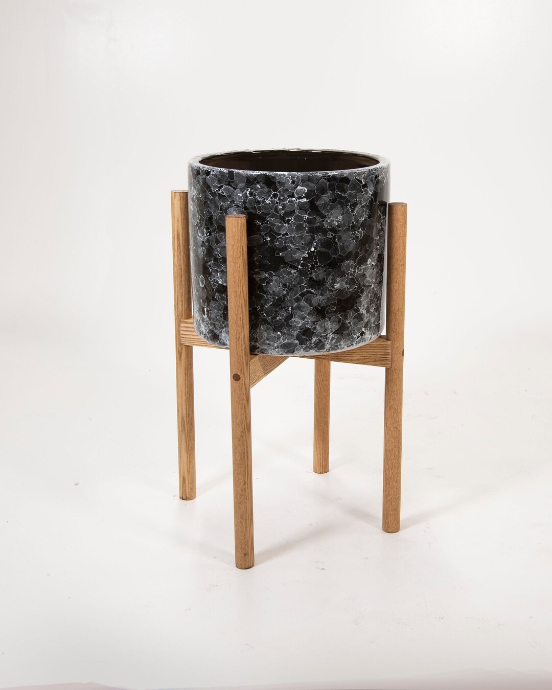 10" Ceramic Planter Black Marble Pot With Wood Plant Stand - Mid ...