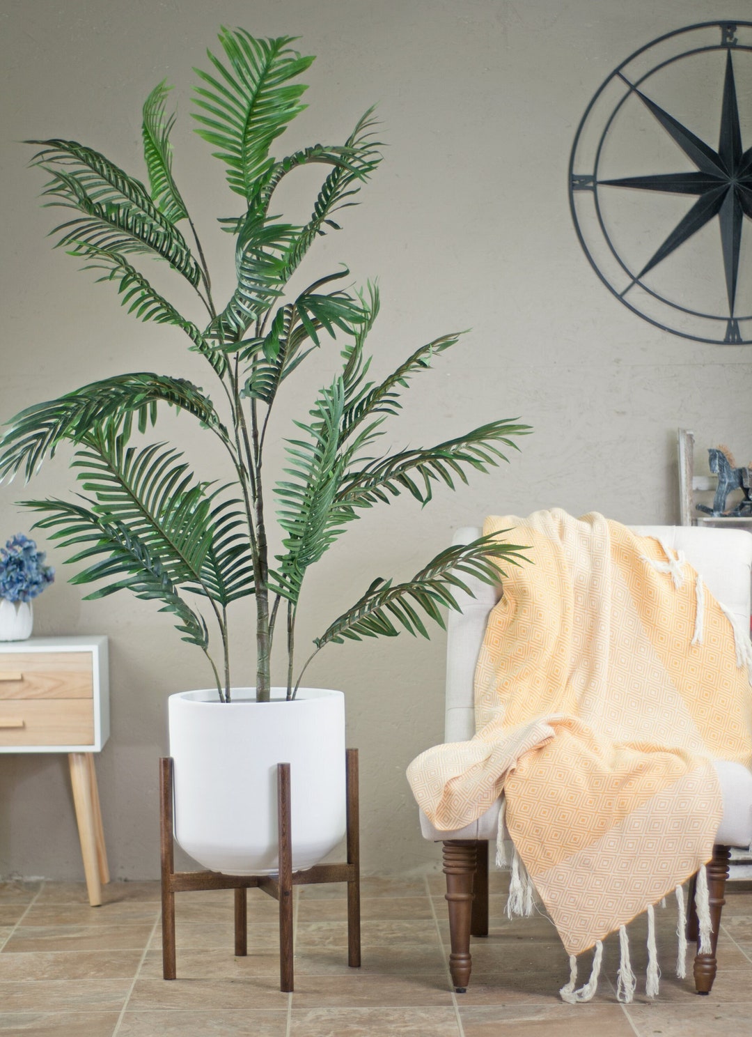 Large Outdoor Planter Pot With Wood Stand - Lightweight Concrete Clay ...